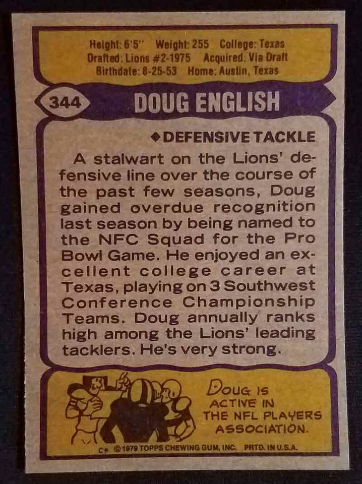1979 Topps #344 Doug English NFC All Pro Rookie RC Detroit Lions NR ...