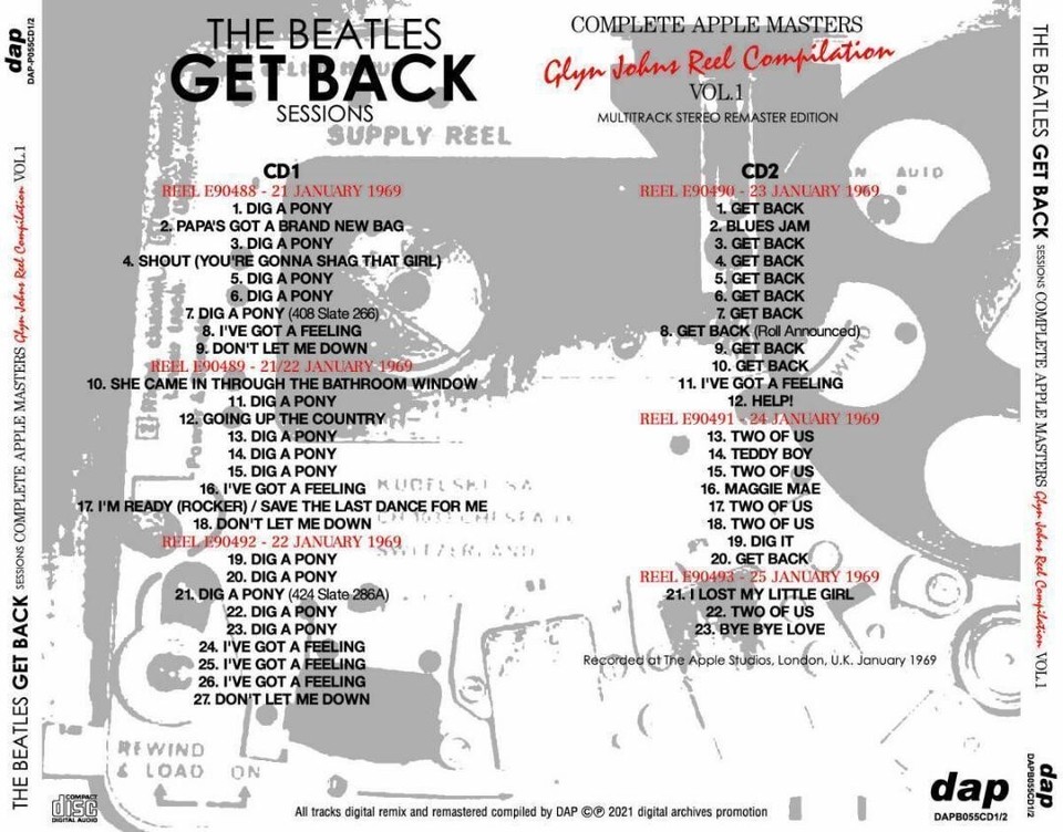 THE BEATLES GET BACK COMPLETE APPLE MASTERS GLYN JOHNS REEL COMPILATION ...
