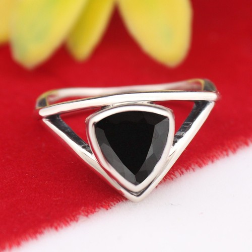 Natural Triangle Cut Black Onyx Sterling Silver Ring Partywear Jewelry ...