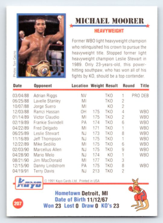 MICHAEL MOORER HEAVYWEIGHT BOXER Kayo Boxing Trading Card 1991 B176 | eBay