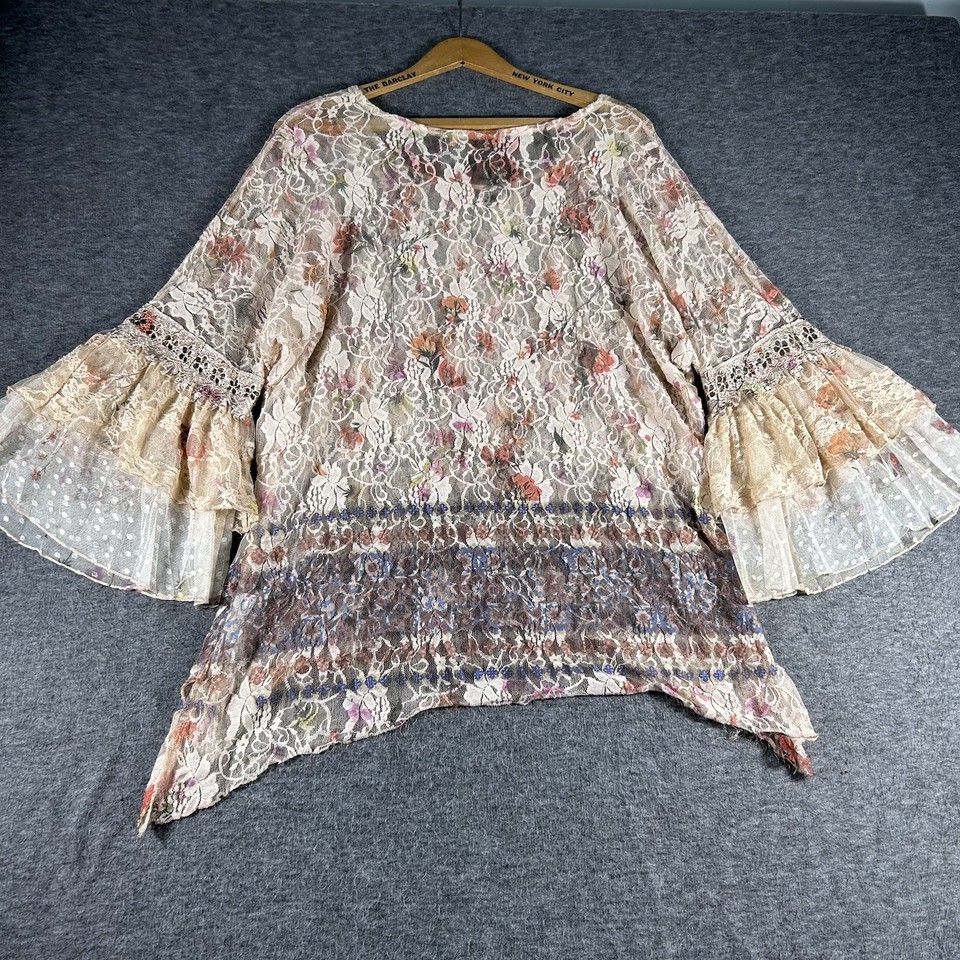 Women’s Sheer Floral Earthy Sexy Boho Bell Sleeve Lace Blouse Top Size ...