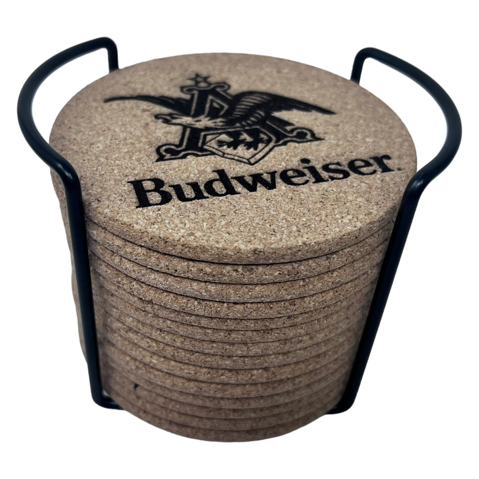 16 pieces coasters set Budweiser beer logo cork and metal holder | eBay
