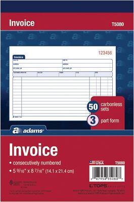 Adams Invoice Book, 3-Part, Carbonless, 5-9/16 x 8-7/16 White/Canary ...