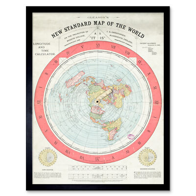 Map Gleason 1892 World Time Calculator Flat Earth Wall Art Print Framed ...