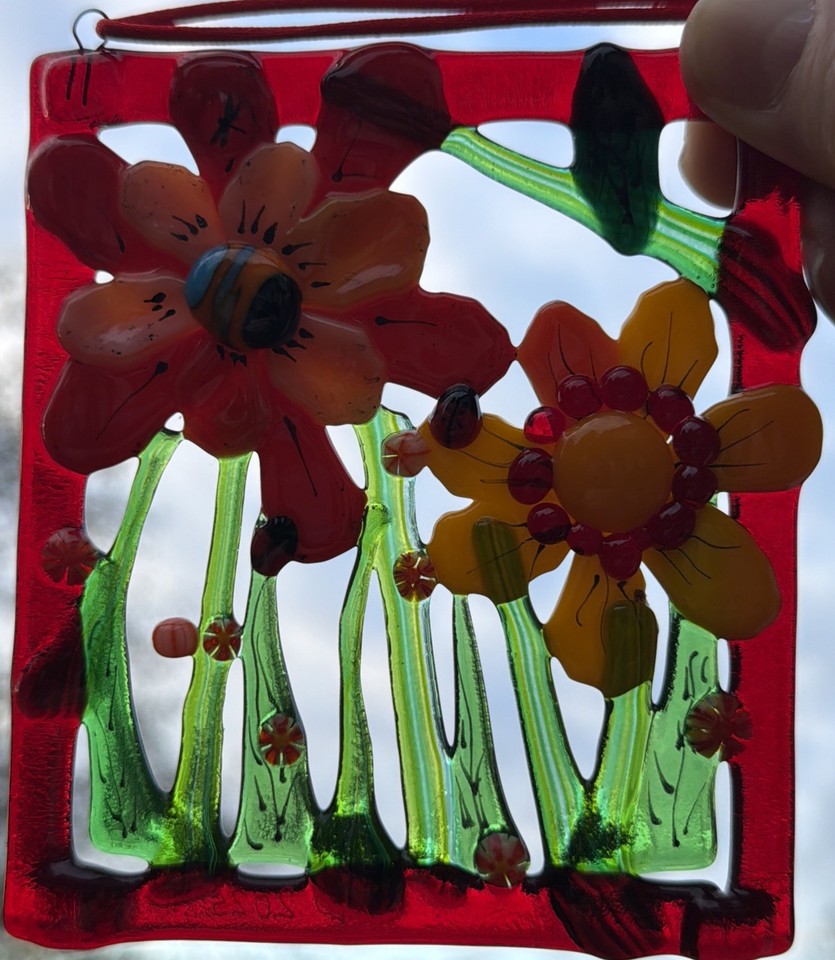 Fused Glass Handmade Rectangular Multicolor Sun Catcher Signed By ...