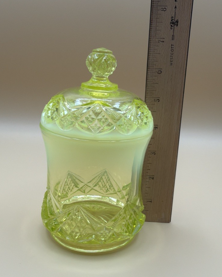 Dugan Glass Co Uranium Opalescent Vaseline Glass Jar – Spearhead ...