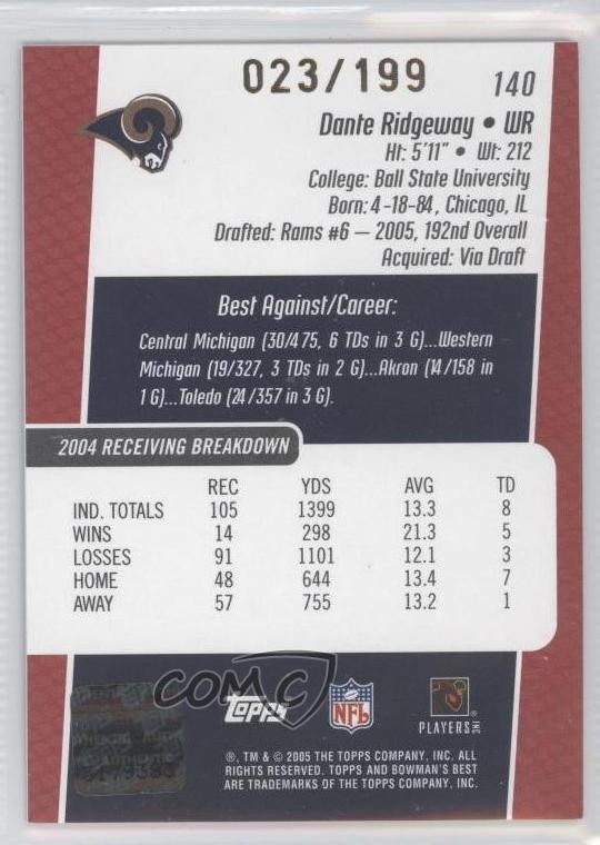 2005 Bowman's Best Rookie Red /199 Dante Ridgeway #140 Rookie Auto RC ...
