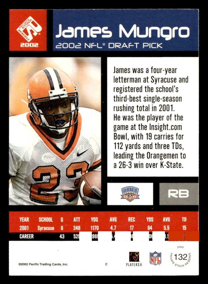 James Mungro 2002 Pacific Private Stock Reserve Rookie Card #132 ...