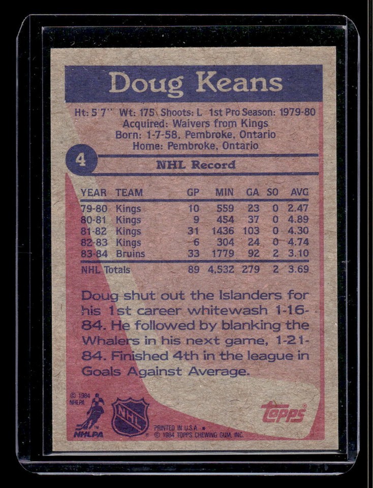 Doug Keans 1984 Topps #4 Rookie Boston Bruins | eBay
