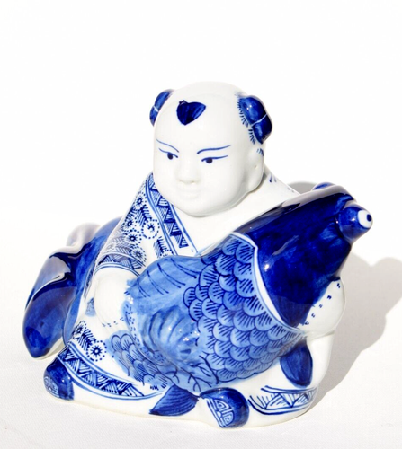 Traditional Vintage Oriental Ceramic Statue Boy Holding Koi Fish in ...