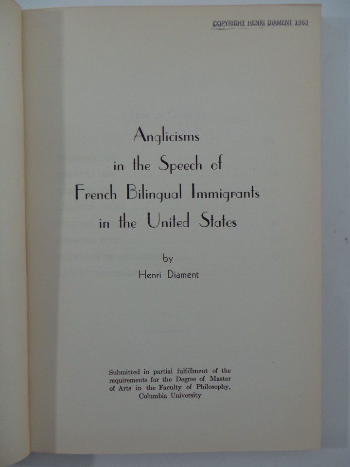 Signed 1962 Anglicisms Speech French Bilingual Immigrants U.S. Henri ...