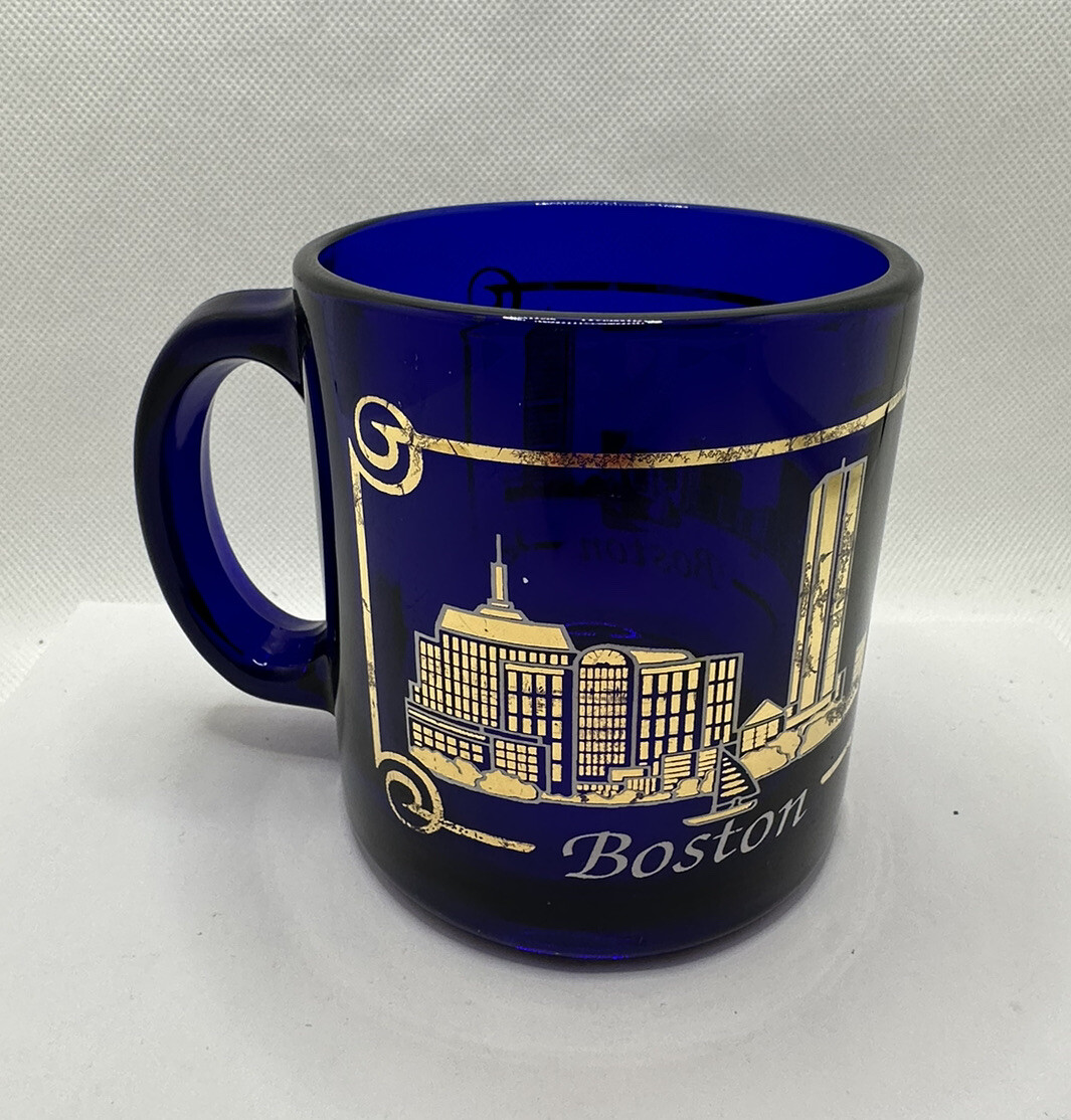 Vintage Cobalt Blue Glass Boston Coffee Mug Gold Paint USA 3.75" | eBay