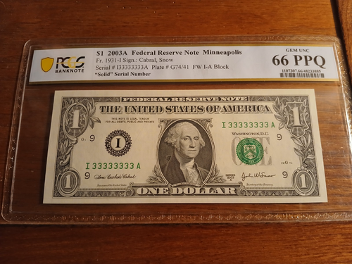 SOLID 3'S (I33333333A) $1 FEDERAL RESERVE NOTE FANCY SERIAL NUMBER PCGS ...