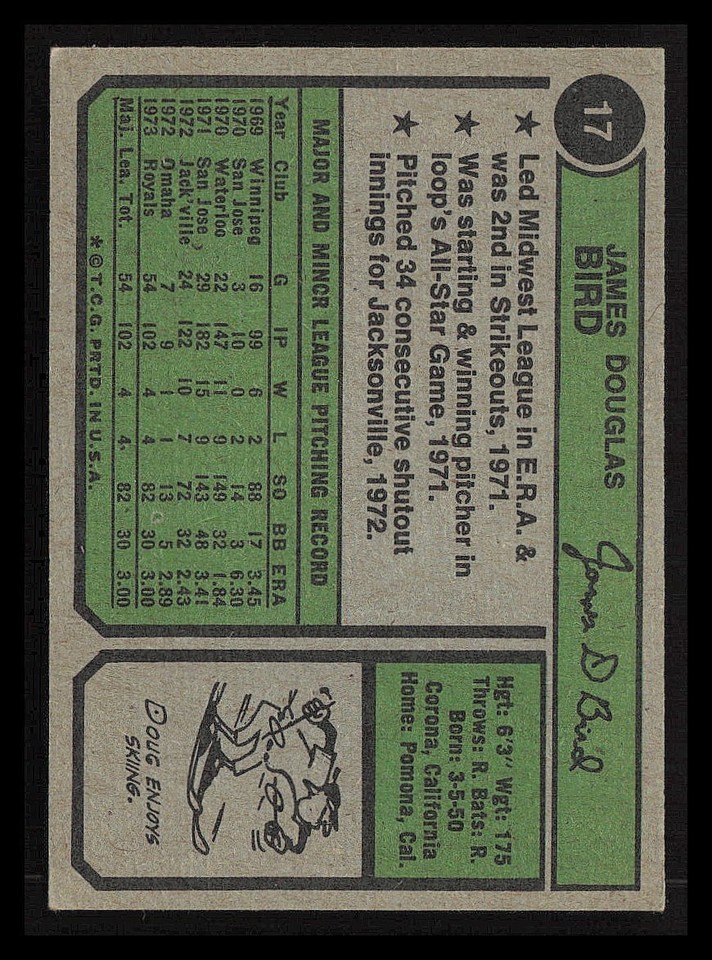 Doug Bird 1974 Topps #17 Kansas City Royals Rookie | eBay