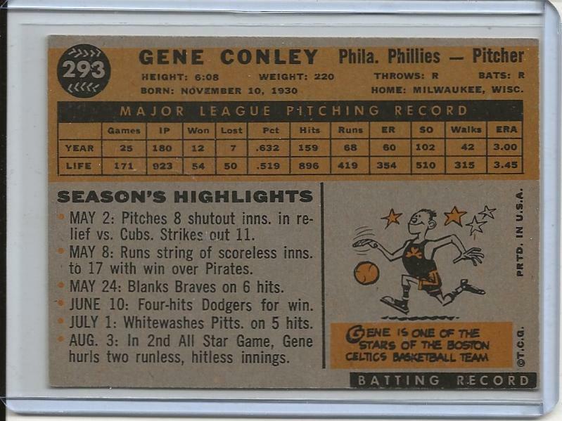 1960 Topps Baseball Card Gene Conley Pitcher Phillies Near Mint # 293 ...