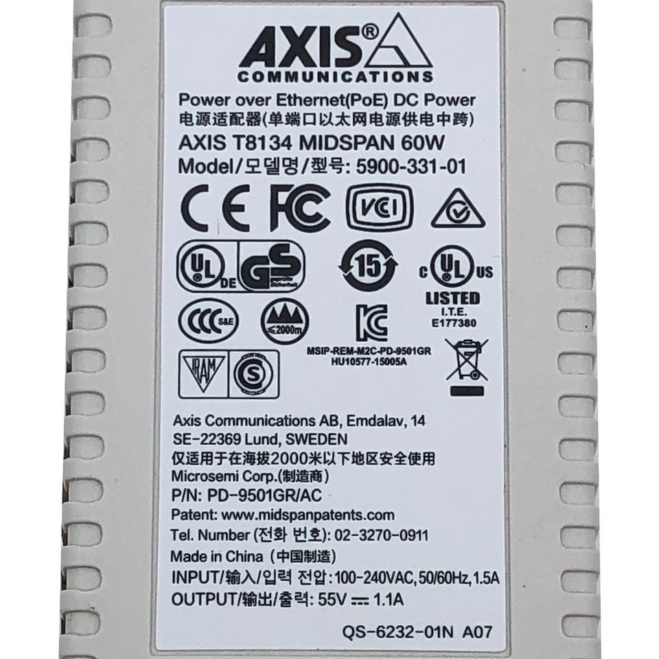 AXIS Communications 60W PoE Injector T8134 Midspan Power Supply 5900 ...