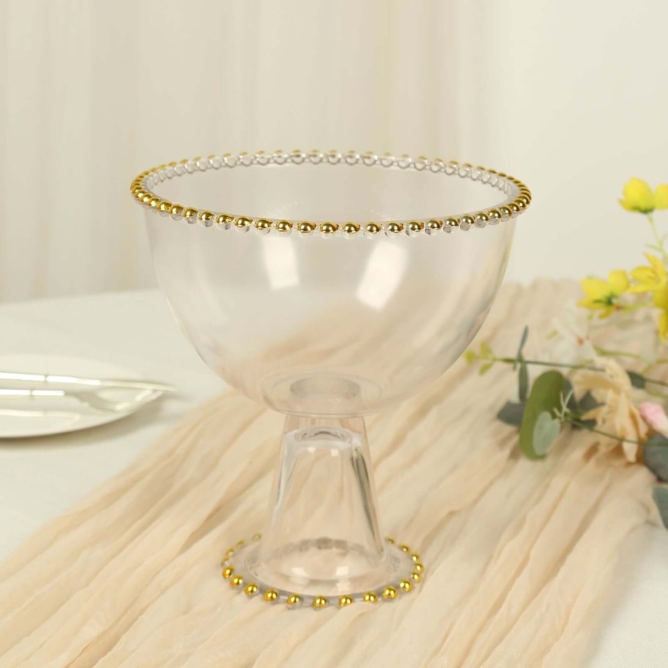 8" Clear Pedestal Bowl Glass Flower Vase with Gold Beaded Rim ...