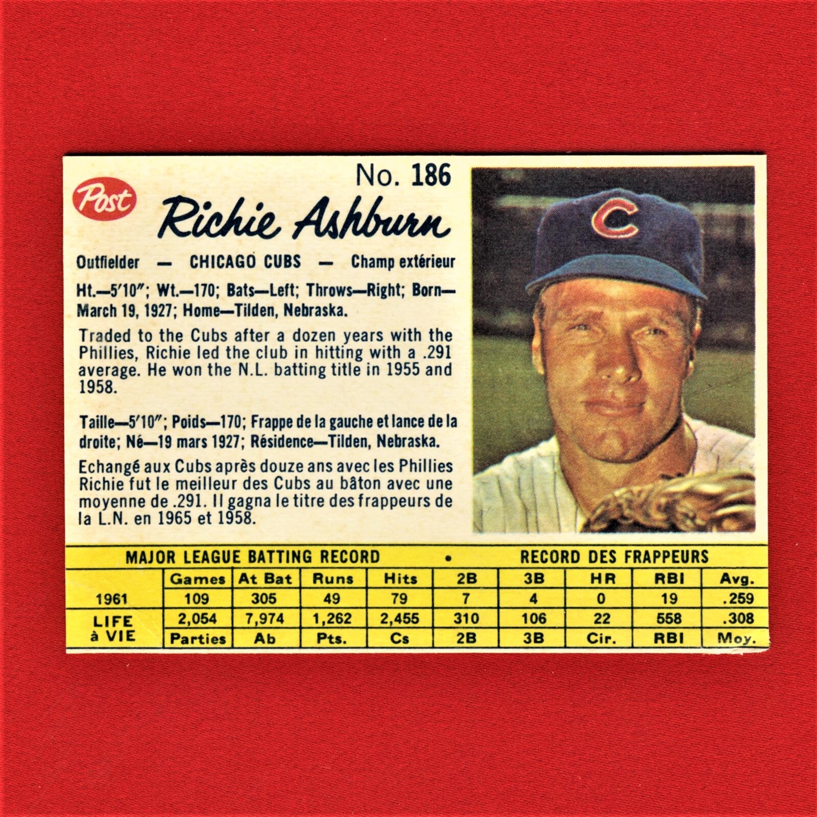 Richie Ashburn- 1962 - Post CANADIAN Baseball - Cubs - No. 186 - (VG ...