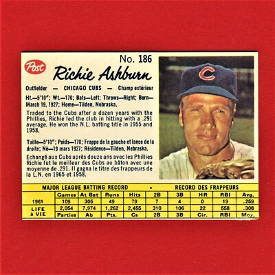 Richie Ashburn- 1962 - Post CANADIAN Baseball - Cubs - No. 186 - (VG ...