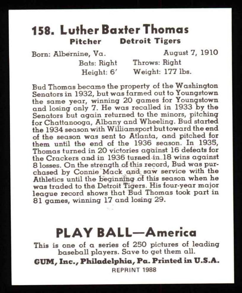 1939 Play Ball Reprint #158 Bud Thomas Tigers RC 8 - NM/MT | eBay