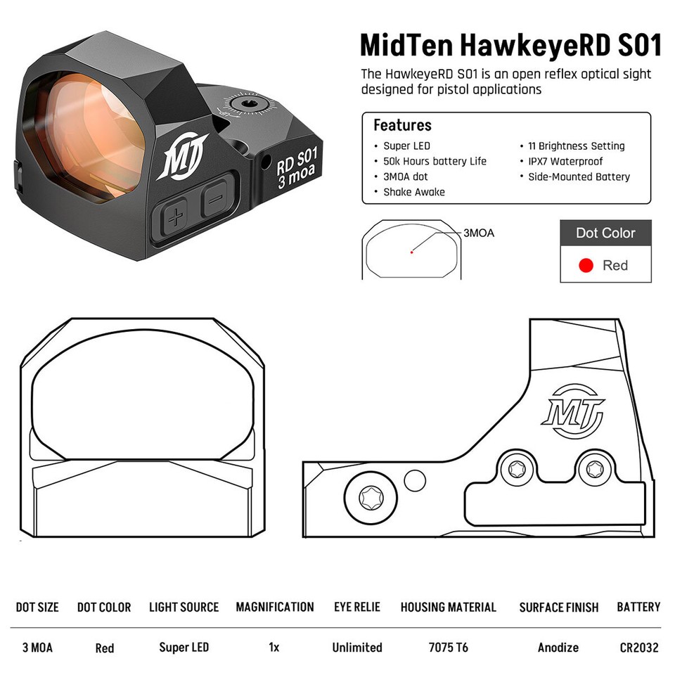 Shake Awake Optic RefIex 3 MOA Red Dot Sight For Glock MOS RMR ...