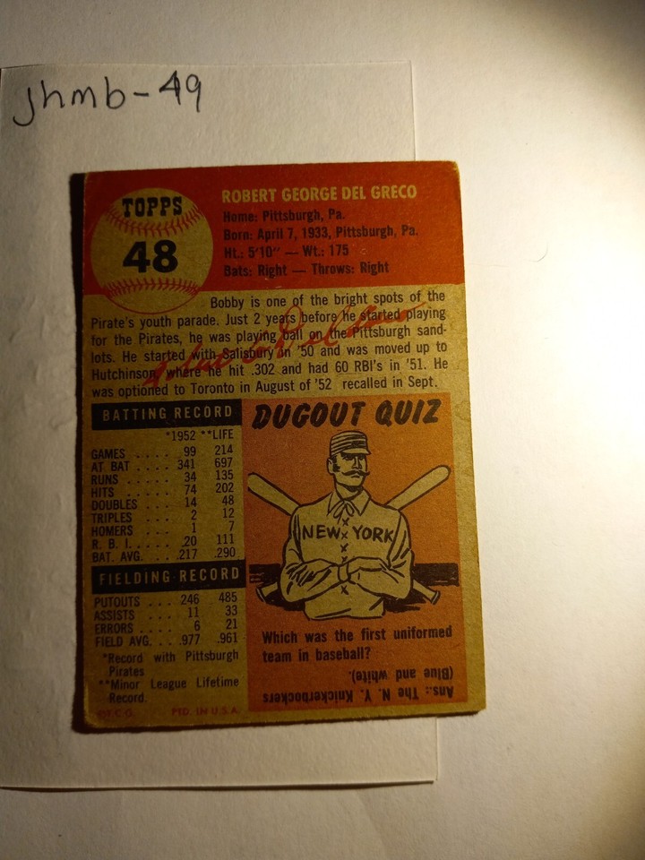 1953 Topps Baseball #48 Bob Del Greco VG Pittsburgh Pirates | eBay