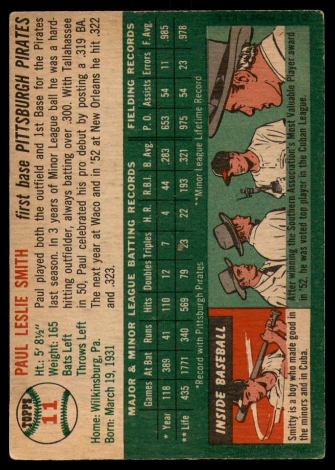 1954 Topps #11 Paul Smith EX Excellent RC Rookie Pirates ID:93581 | eBay