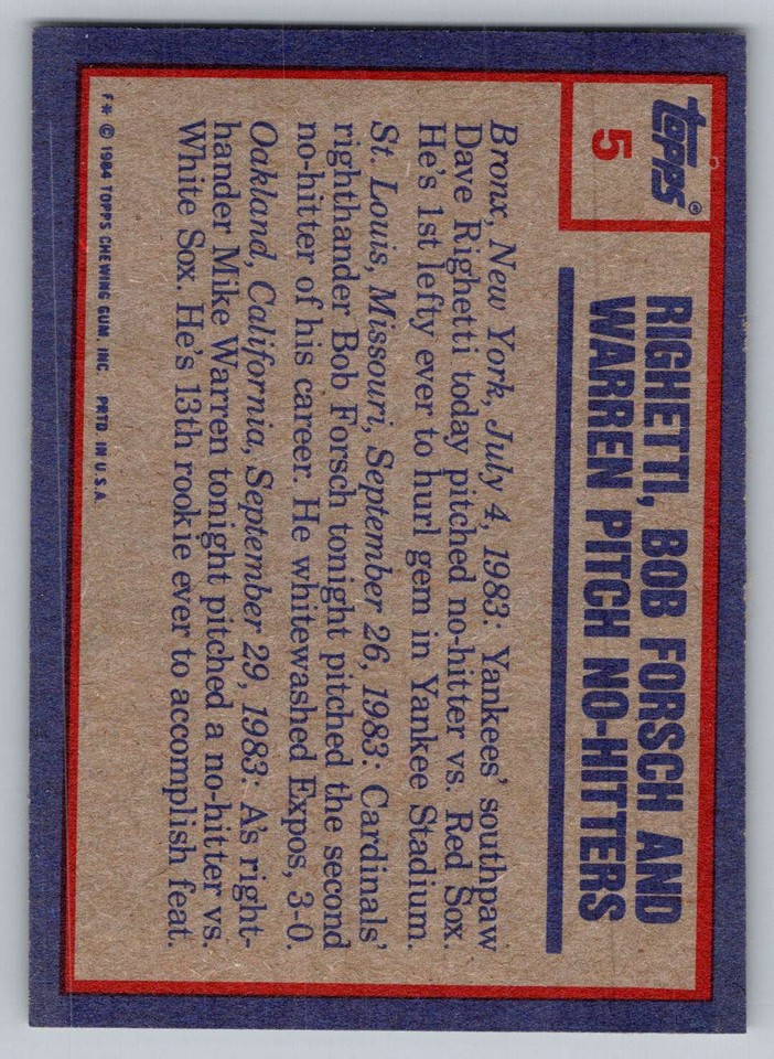 1984 Topps #5 Dave Righetti / Bob Forsch / Mike Warren HL Yankees | eBay