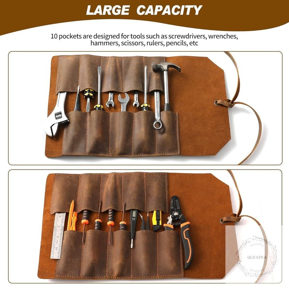 Leather Tool Roll Up Pouch 10 Slots Leather Tool Wrench Roll/Chisel Bag ...