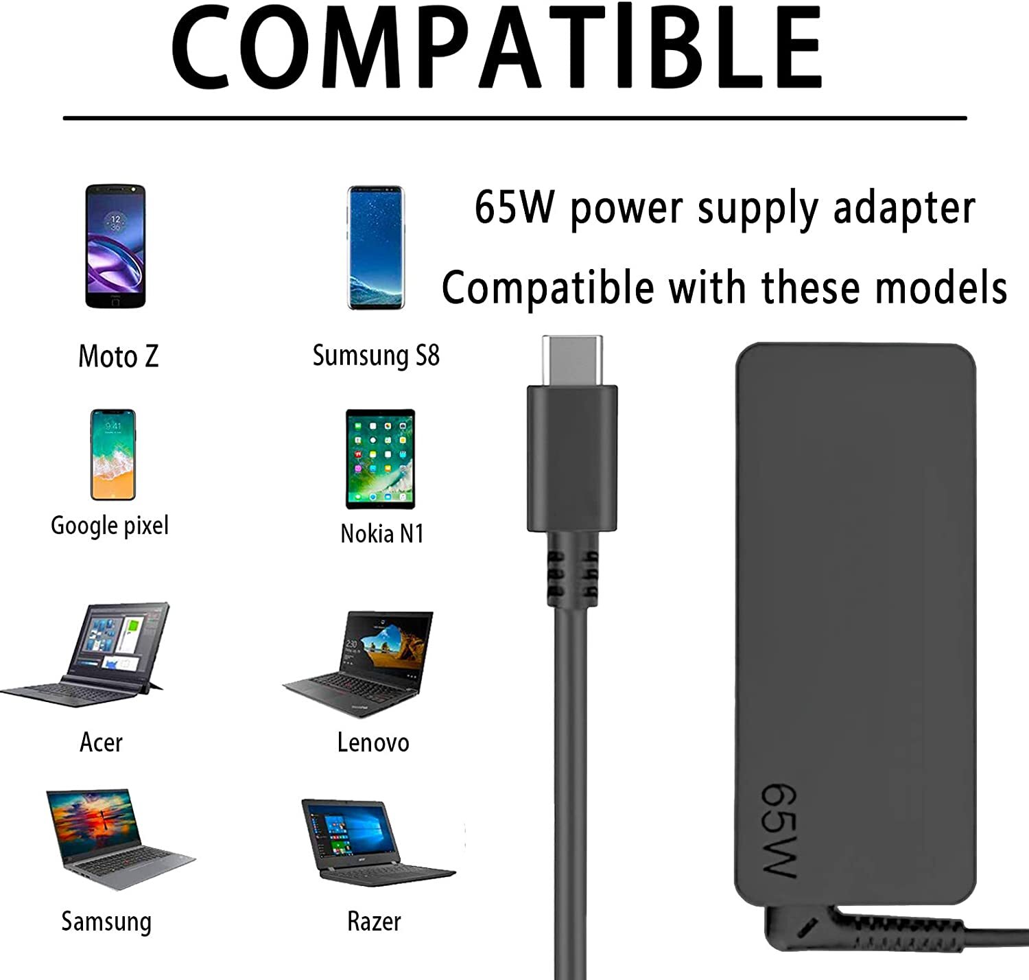 65W USB-C Laptop Power Adapter for Lenovo ThinkPad T480 T490 T580 and ...