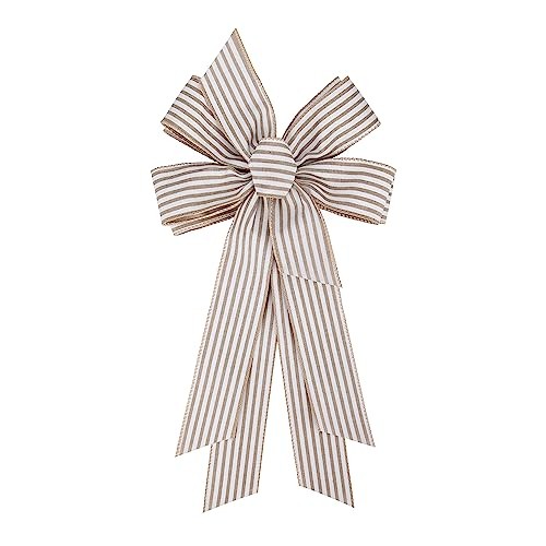 Large 24 x 10 Inch Natural Burlap White Rustic Ribbon Bow White Striped ...