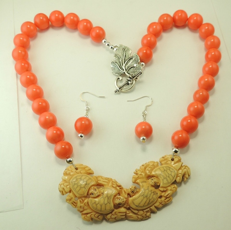 Turtles Necklace With Coral Color Shell & Earrings Beach Wedding | eBay