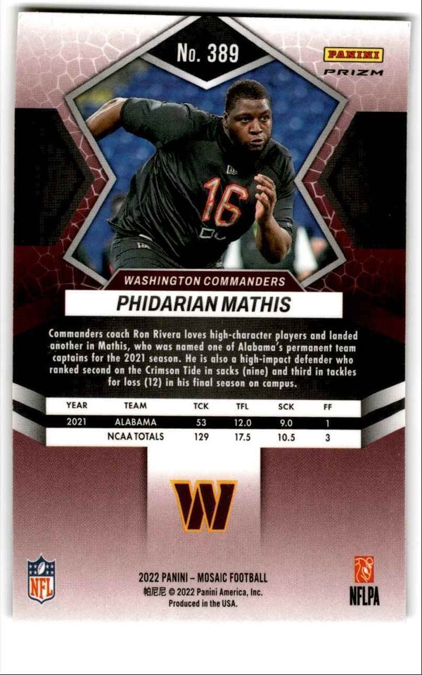 2022 Panini Mosaic Reactive Orange Phidarian Mathis Rookie Washington ...