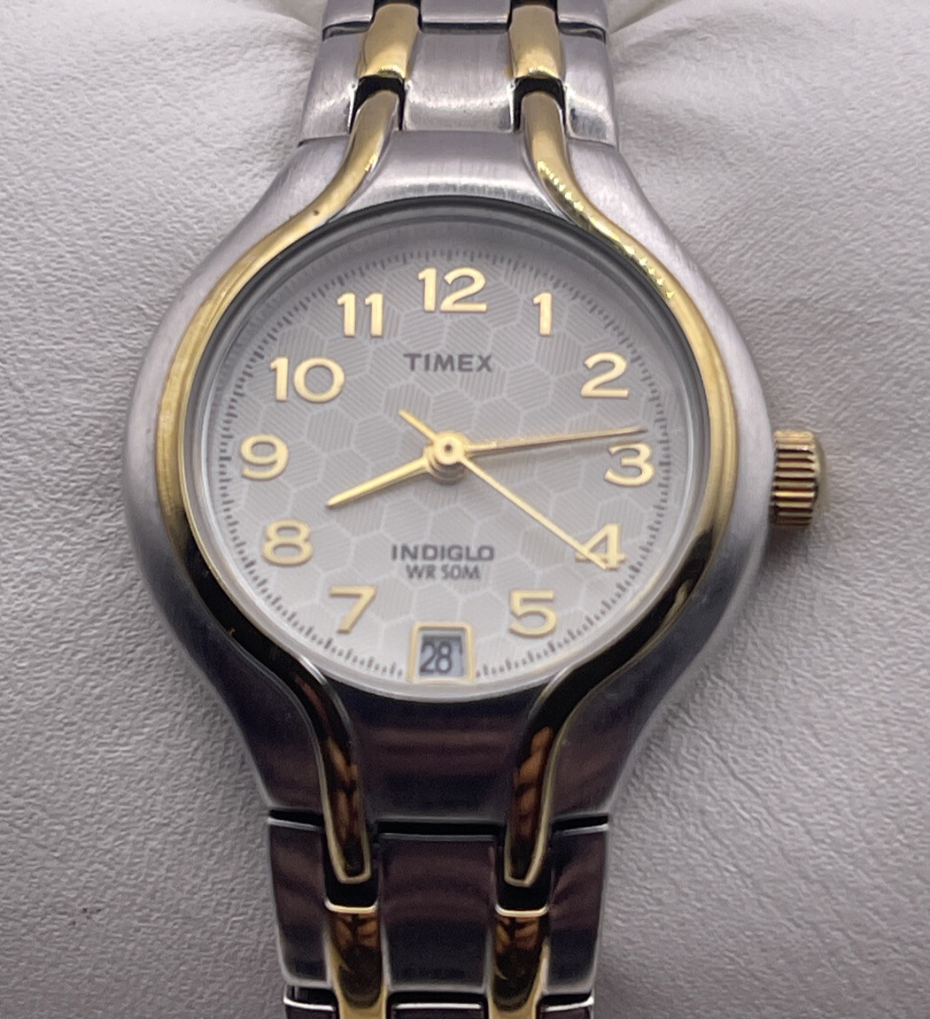 Timex Indiglo Quartz Watch Women's Silver Gold Stainless Steel WR 50M ...