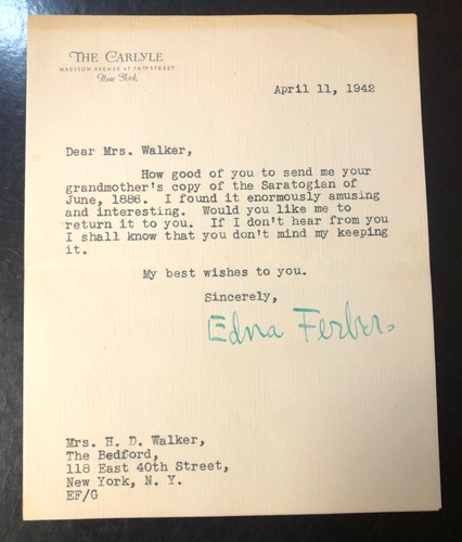 1942 Edna Ferber Signed Letter Novelist and playwright - "Show Boat" | eBay