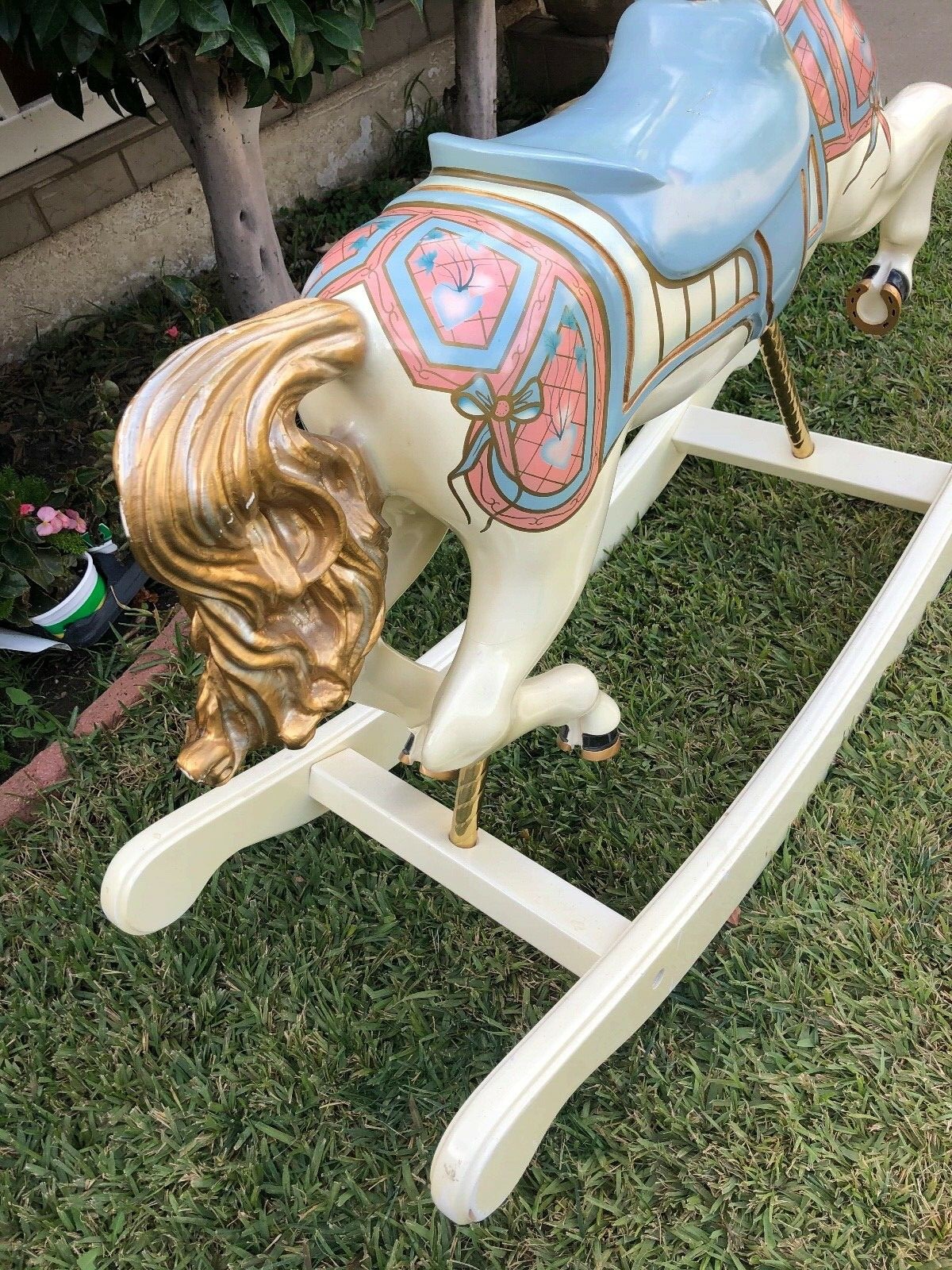 1984 Signed S & S Cal Wood Carved Carousel Rocking Horse With a Short ...