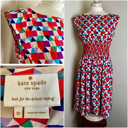 Kate Spade New York Abbey Geometric Print Smocked Sheath Dress Silk Sz ...