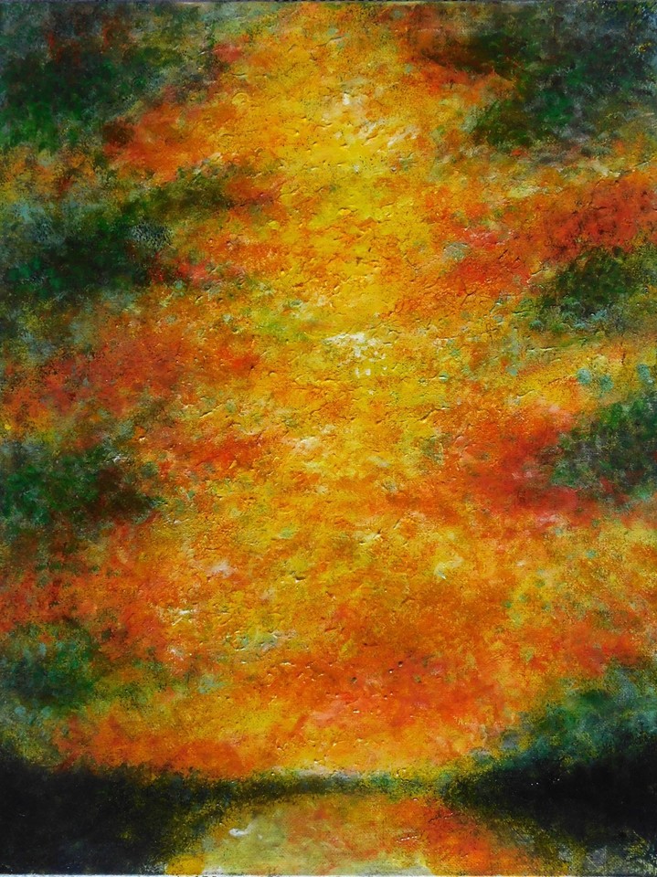 Original mixed media landscape painting signed by Nalan Laluk: "Lake ...