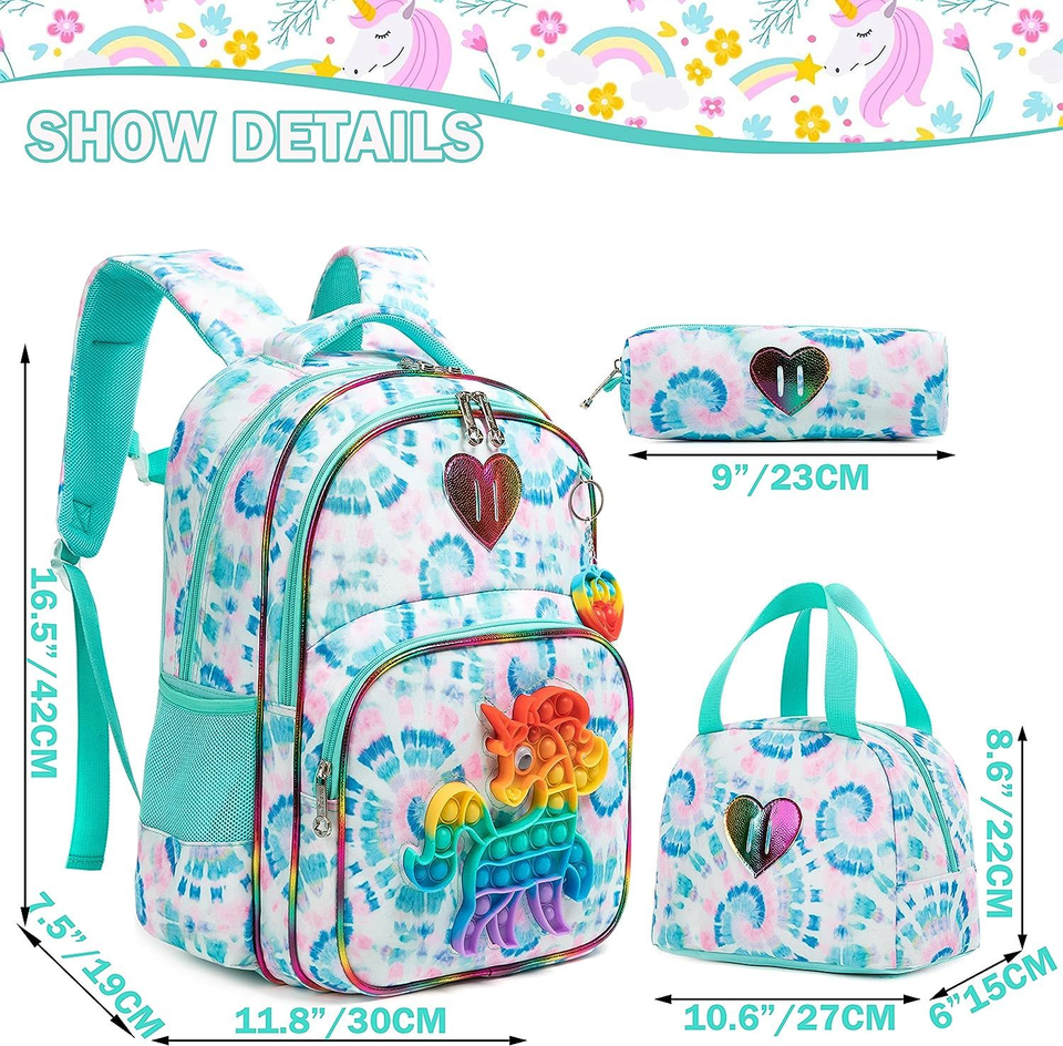 Backpack for Girls Elementary Preschool Kids Lunch Box Unicorn Bag Mint ...