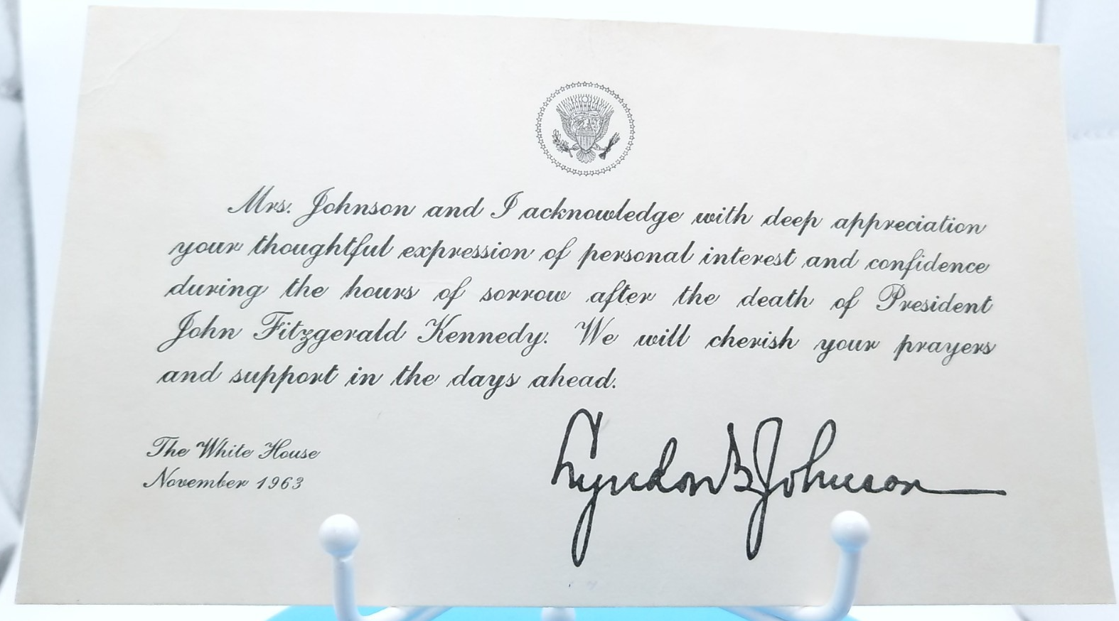 1963 JFK Assassination Condolence Cards - Jackie Kennedy & LBJ Autopen ...