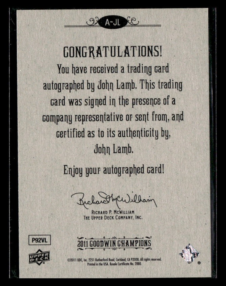 2011 Upper Deck Goodwin Champions #A-JL John Lamb Autographs | eBay
