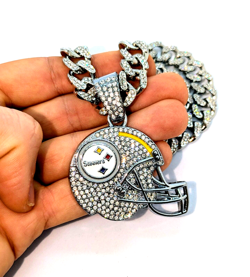 PITTSBURGH STEELERS HELMET GEM NECKLACE Silver Bling Hip Hop Pendant ...