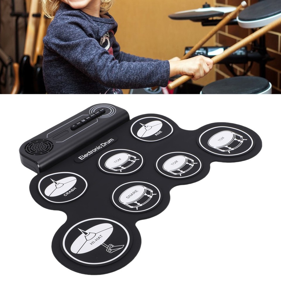 Electric Drum Set Kids Drum Pad & Sticks Portable Roll Up Practice Pad ...