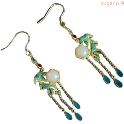 Vintage Chinese Natural White Jade Enamel Phoenix Earrings Female ...