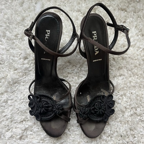 Prada Floral Embroidered Satin Kitten Heels Sandals Black Brown Size 37 ...