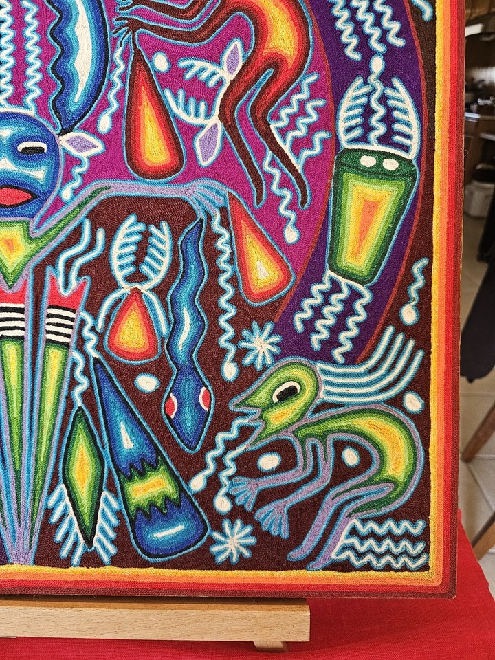 RARE "JIKURI SACRED PEYOTE" Huichol Yarn Painting Indigenous Mexico ...
