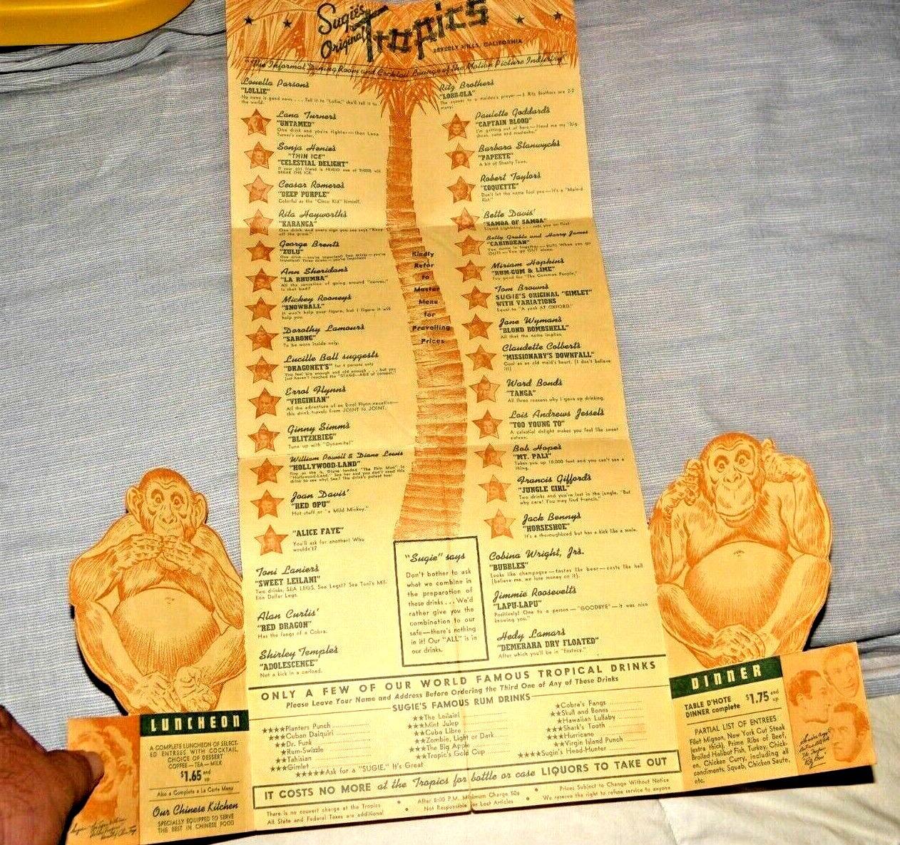 VINTAGE COCKTAIL MENU SUGIE'S TROPICS BEVERLY HILLS CA 3 MONKEYS SUGIE ...