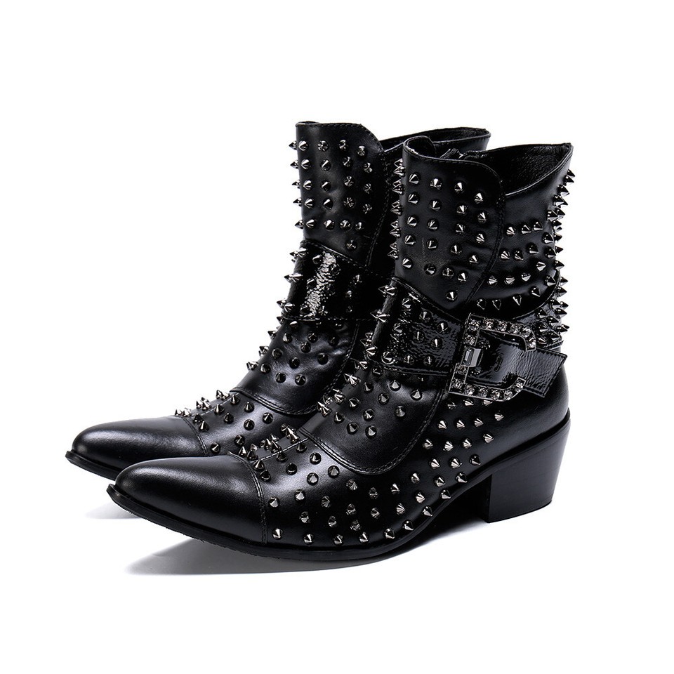 New Men's Leather Boot Motorcycle Western Boots Studded Rivet Buckle ...