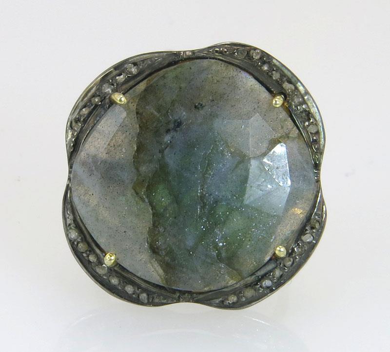 14.54ct Labradorite & Genuine Rose Cut Diamond 18k Gold 925 Silver ...