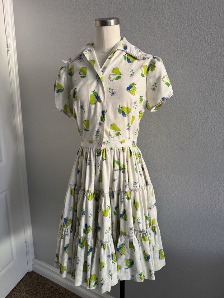Vintage 60s Square Dancing Novelty Dress Scalloped Pear Daisy; 50s ...